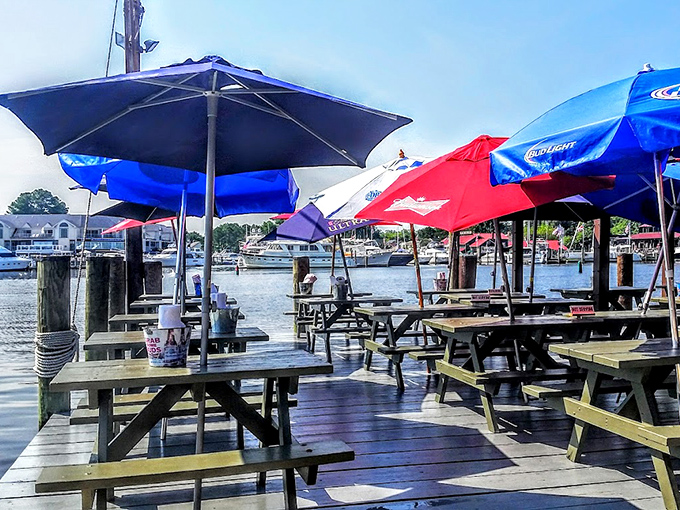 Outdoor dining that makes you question why you ever eat indoors. Those umbrellas aren't just for shade&mdash;they're postponing your return to reality.
