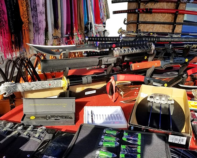 Samurai swords and decorative blades transform an ordinary table into an armory. History buffs and collectors examine craftsmanship with appreciative eyes.