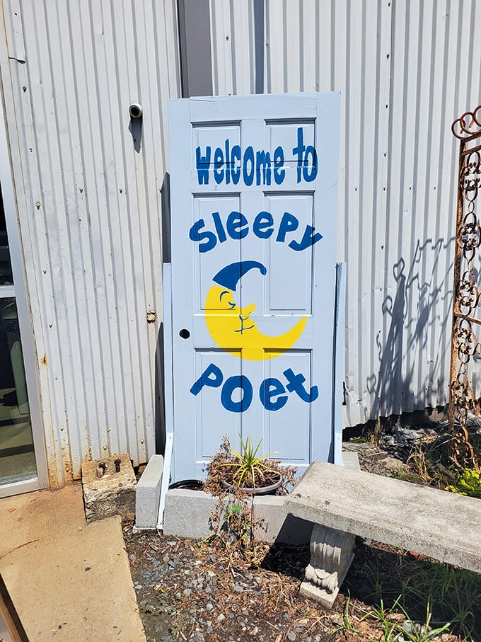 The whimsical welcome sign features a sleepy moon that's ironically wide awake to the possibilities inside this treasure-filled wonderland.