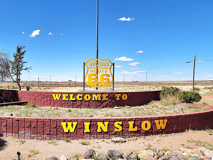 Winslow's welcome sign proudly announces your arrival to Route 66 country, where retirement dollars go further than the highway.