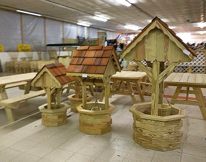 Handcrafted wooden wishing wells demonstrate the kind of detailed craftsmanship that makes you wonder why anyone buys mass-produced lawn decorations.