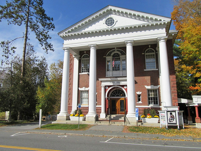 The Town Hall Theatre stands proudly with columns that say, "Yes, we take our culture seriously, even in a small town."