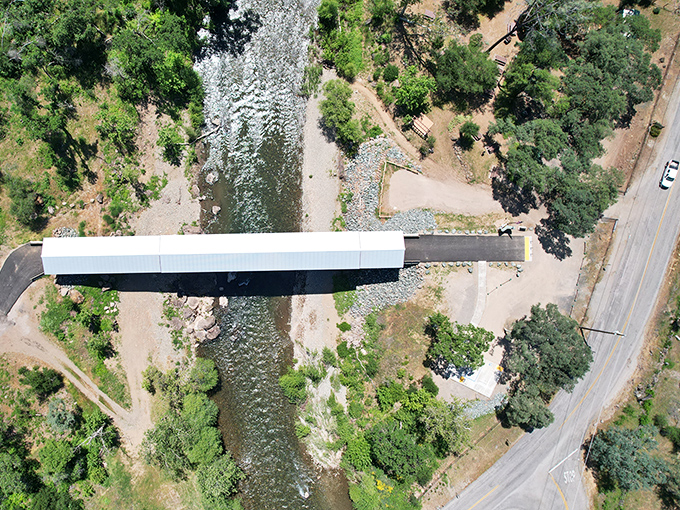Bird's eye brilliance reveals the bridge's perfect placement in the landscape. From above, you appreciate the engineering marvel even more.