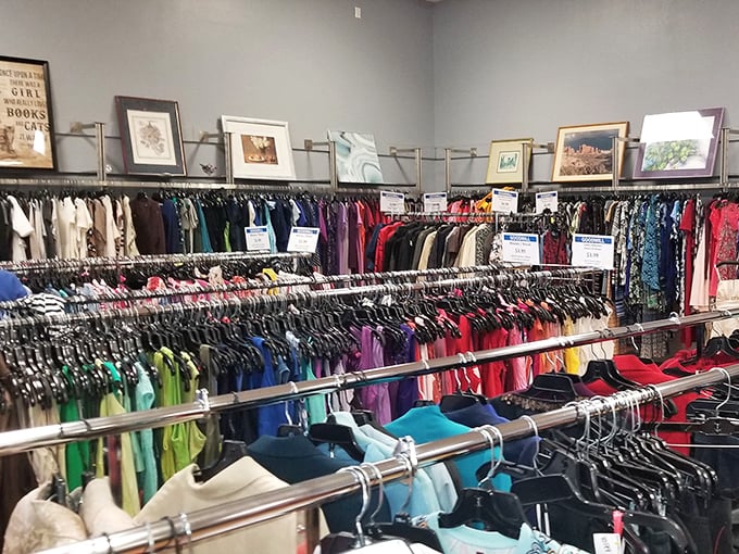 The clothing section's rainbow organization system makes finding that perfect shirt easier than locating your car after Jazz Fest.