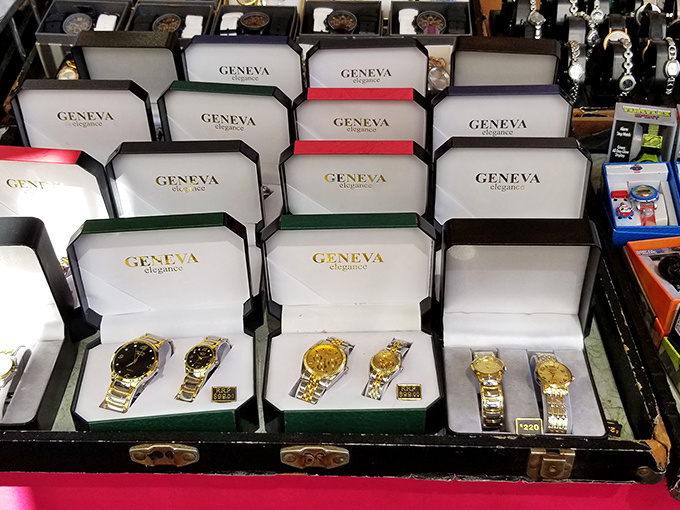 Tick-tock treasure trove! These gleaming timepieces in their display boxes promise wrist-based luxury without the luxury price tag.