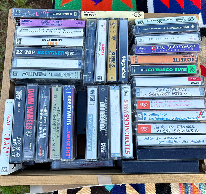 Cassette nostalgia in rectangular form—from ZZ Top to Cat Stevens, these plastic time capsules hold the soundtracks of road trips and teenage bedrooms past.