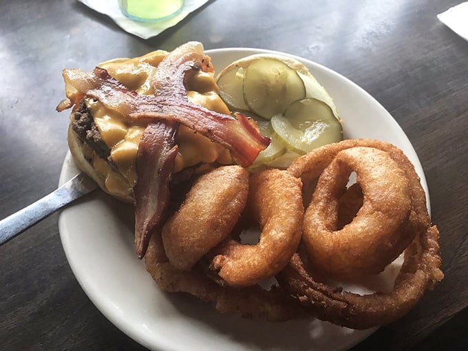 The bacon cheeseburger and onion rings—a combination so right it makes you wonder why you ever bothered with kale smoothies in the first place.
