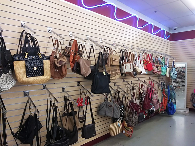 Handbag heaven for the accessory enthusiast. Designer lookalikes and genuine finds hang like fashionable fruit on a style tree.