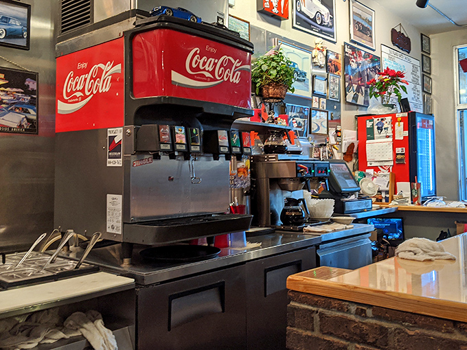 The soda fountain and coffee station—command central for the liquid fuel that powers countless conversations and morning revivals.