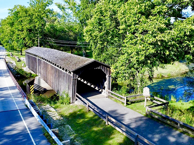 A bird's-eye view reveals how perfectly the bridge fits into its surroundings, a human creation in harmony with Wisconsin's natural beauty.