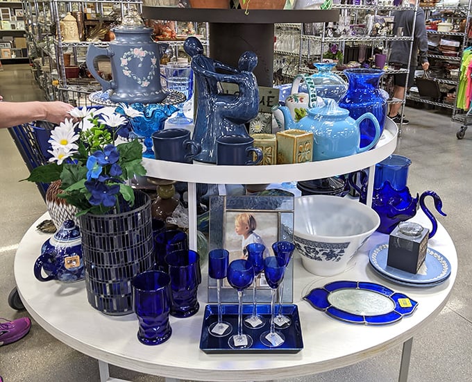 A symphony in blue—cobalt glassware and ceramics creating an Instagram-worthy tablescape for pennies on the dollar.
