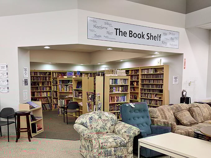 "The Book Shelf" &ndash; where literary treasures and comfortable seating create the perfect storm for losing an entire afternoon.