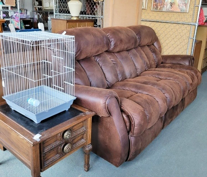 This sofa has stories to tell. It's seen TV marathons, family gatherings, and probably a spilled drink or two in its previous life.