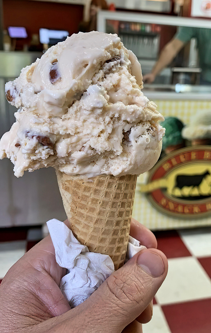Ice cream in a waffle cone&mdash;the perfect finale to a barbecue symphony. This butter pecan looks like it could solve world peace.