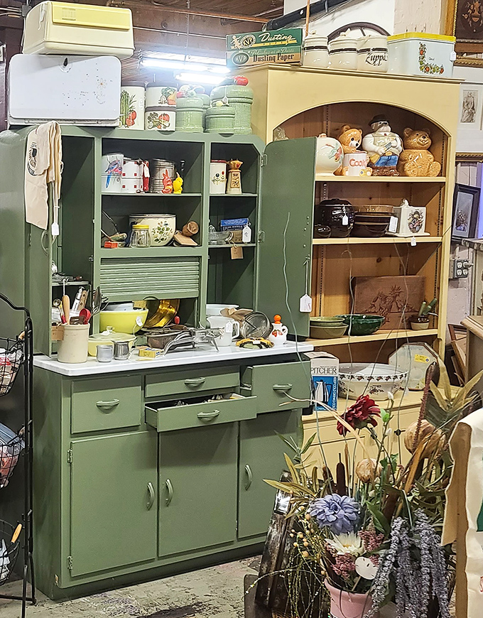 Mint-green Hoosier cabinet that witnessed thousands of family meals being prepared &ndash; the Swiss Army knife of kitchen furniture from grandma's era.