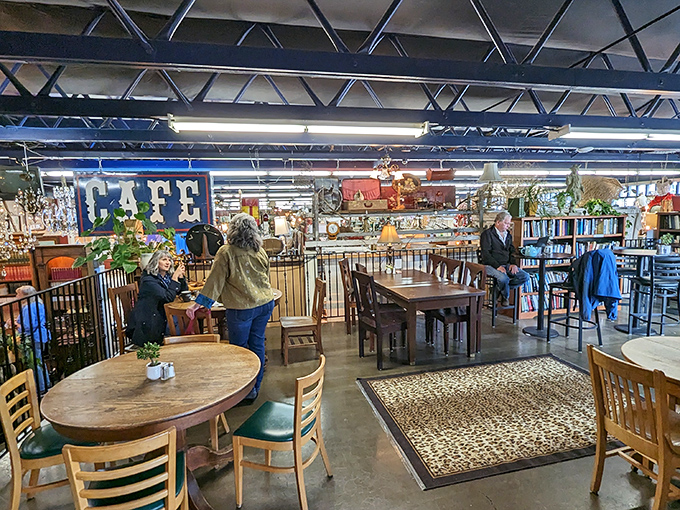 Tables and chairs arranged for plotting your next treasure hunt strategy over caffeine and possibly life-changing vintage finds.