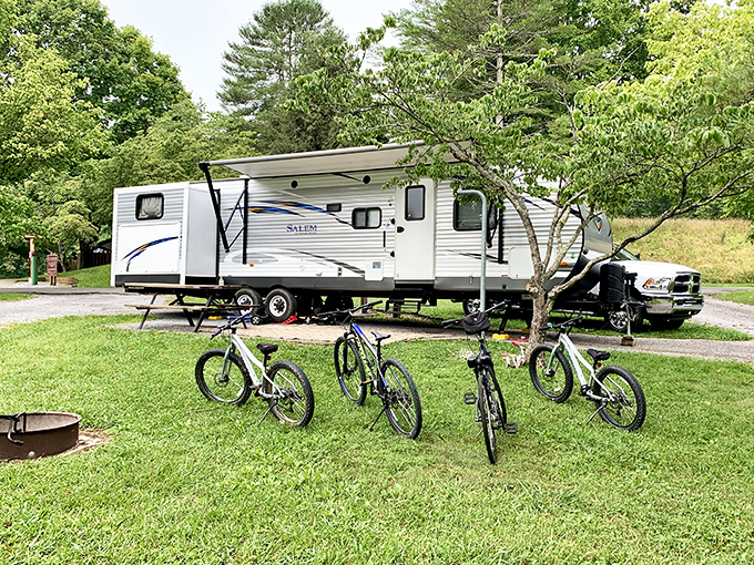 Camping goes upscale with this RV setup. All the comforts of home with none of the lawn-mowing responsibilities.