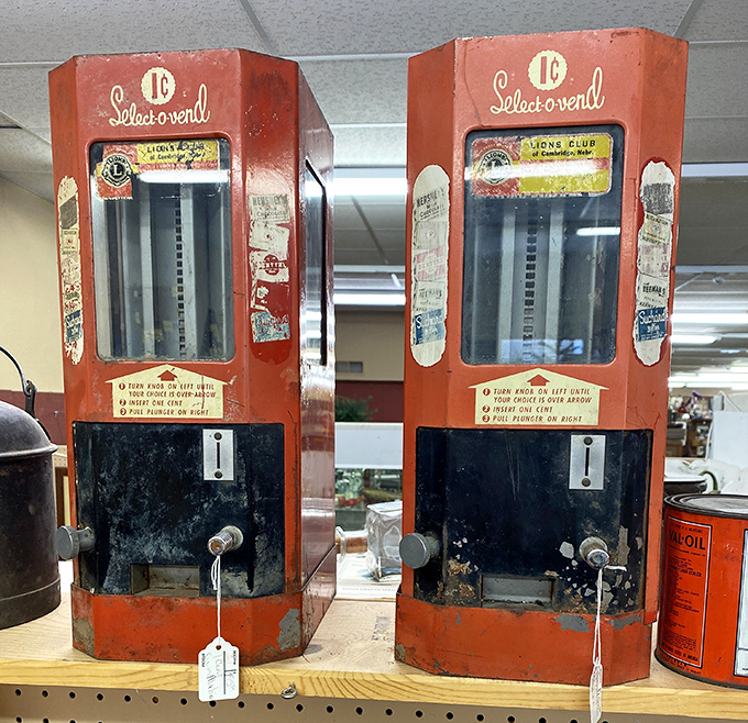 These "Select-o-vend" machines once dispensed childhood joy one penny at a time – mechanical marvels of mid-century candy distribution.