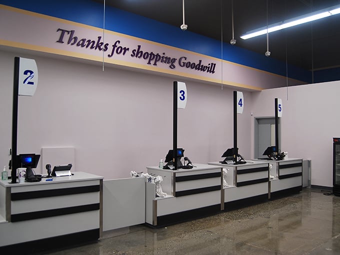 Checkout counters where treasures become possessions and the thrill of the deal is finalized. The "Thanks for shopping" sign feels like a personal congratulations on your thrifting victory.