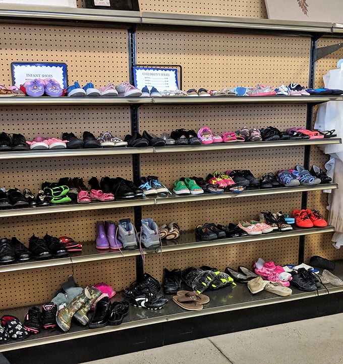 Tiny shoes for tiny adventurers line up like soldiers ready for playground battles. Growing feet don't have to mean growing bills.