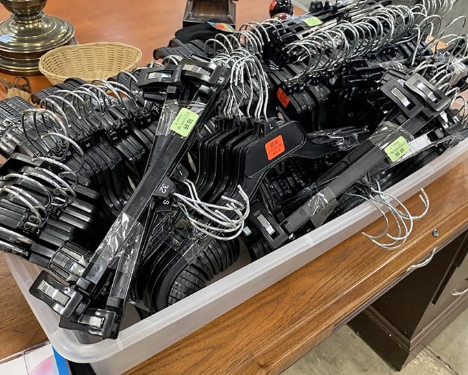 The humble hanger: unsung hero of the thrift store universe. Without them, this organized fashion library would be just a pile of possibilities.