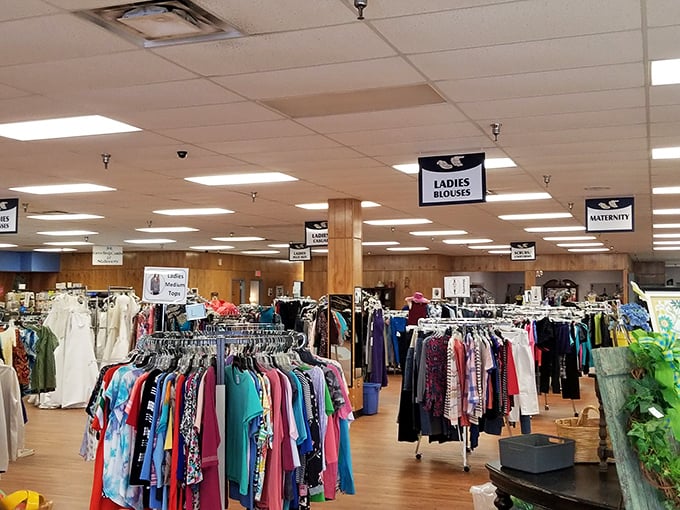 The clothing section's organization would make Marie Kondo weep with joy&mdash;color-coded racks spark thrifting bliss.