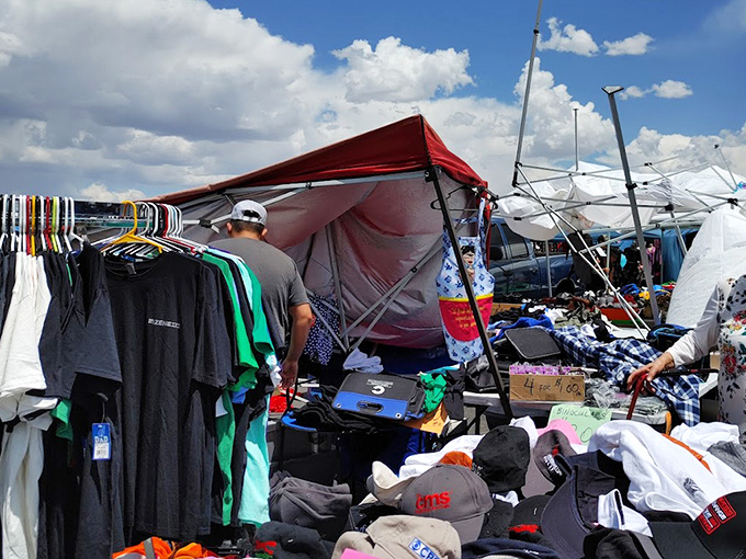 Under Arizona's dramatic sky, clothing racks stand like sentinels of style. The perfect T-shirt is hiding somewhere in this textile jungle.