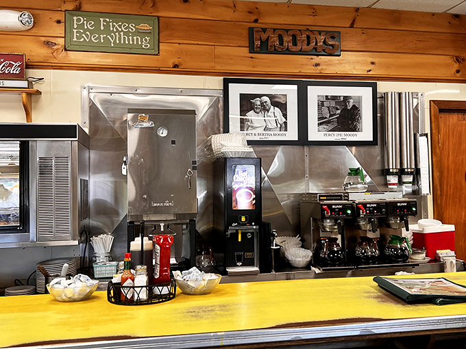 The coffee station: command central for the lifeblood that keeps Moody's&mdash;and most of Waldoboro&mdash;running smoothly each morning.