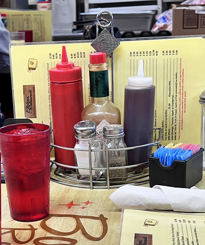 The classic diner condiment caddy&mdash;where ketchup, hot sauce, and salt and pepper stand ready to customize your perfect breakfast experience.