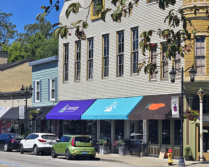 Colorful awnings provide shade and style to Midway's historic buildings. Each shop offers something different &ndash; the retail equivalent of a well-curated tasting menu.