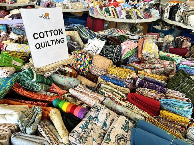 Quilting fabric heaven! This textile treasure trove would make your crafty aunt weep with joy and immediately plan seventeen new projects.