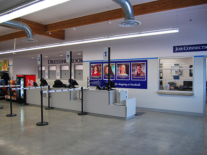 The checkout area is efficiently designed with multiple registers and dressing rooms. The final step in your treasure-hunting journey.