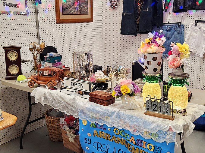 From pineapple lamps to wooden clocks, this "All Occasion Arrangements" booth proves that one person's kitsch is another's perfect accent piece.