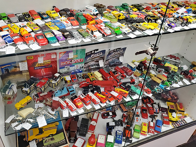 Die-cast cars lined up like a miniature used car lot from every decade. Each tiny vehicle represents some grown man's childhood dream.