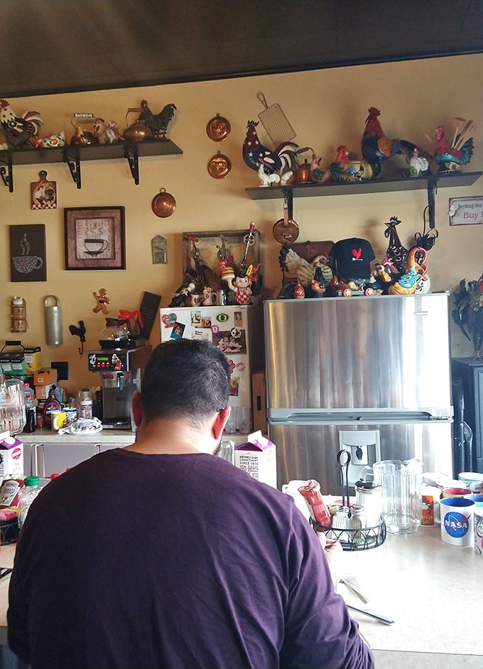 Where breakfast dreams come true in a room that feels like your favorite aunt's kitchen &ndash; if your aunt collected every rooster-themed item ever made.