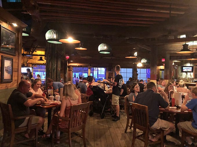 Happy diners fill the warm, wood-paneled dining room, where seafood feasts and laughter are the evening's main attractions.