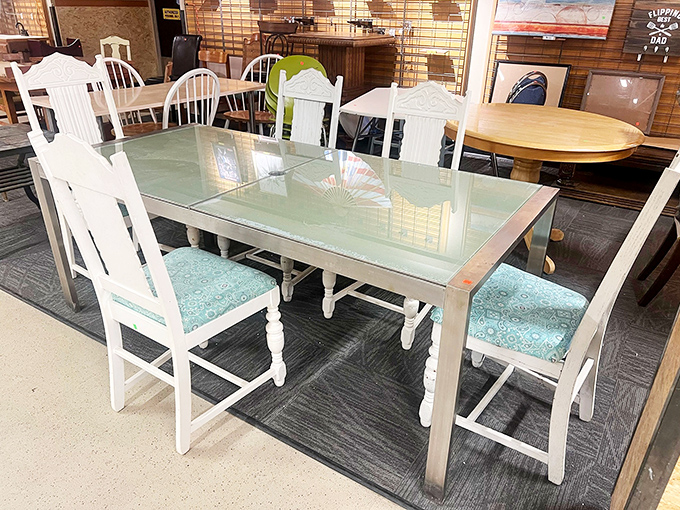 Dining elegance meets thrift store pricing—this glass-topped table has hosted countless conversations and is ready for yours.