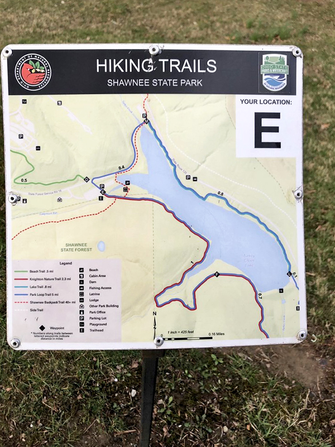 The trail map: equal parts invitation and challenge. Choose your own adventure, just remember to pack snacks.