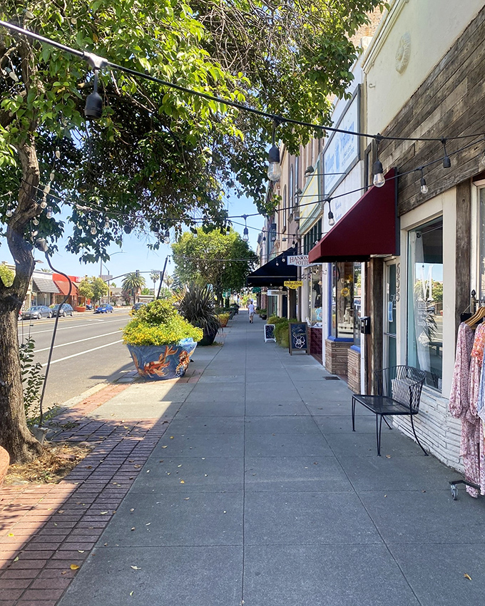 String lights crisscross above downtown sidewalks, promising evening ambiance for those after-dinner strolls that define small-town summer nights.