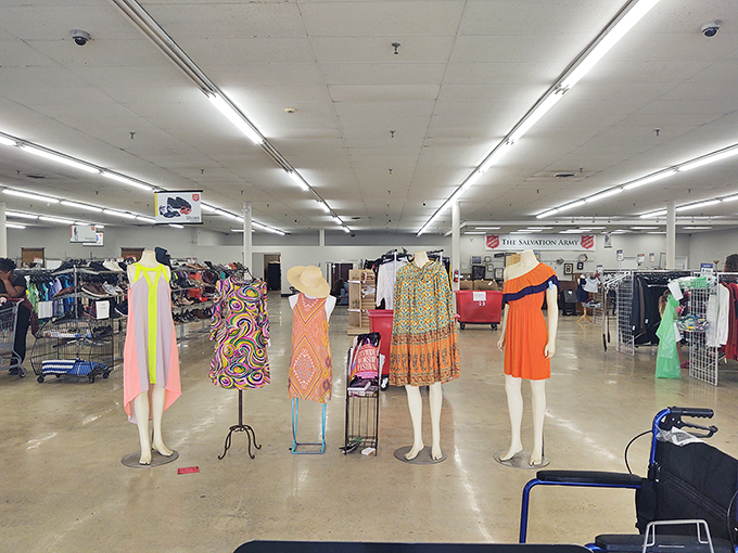 The mannequin fashion show featuring vibrant vintage dresses. These colorful frocks are ready for their second chance at making someone feel fabulous.