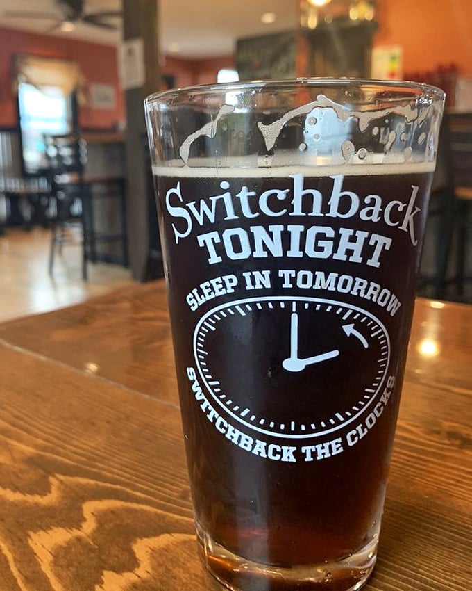 "Switchback Tonight, Sleep In Tomorrow"&mdash;a glass of local brew that tells the truth about your post-BBQ plans.