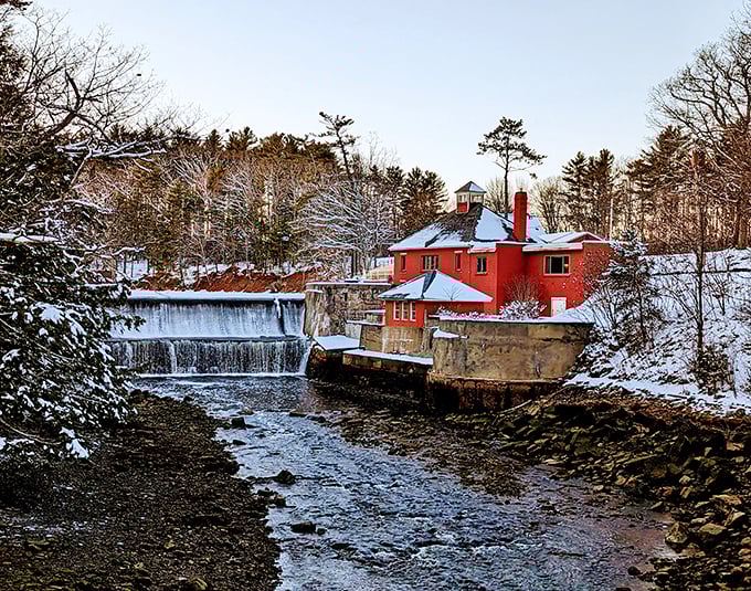 Winter transforms the old mill into a snow-globe scene that makes you forget about feeling cold.