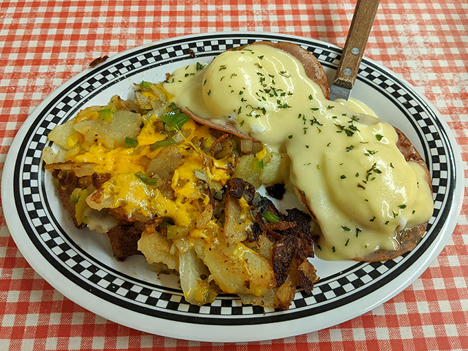 Eggs Benedict at Jim's doesn't need a fancy brunch setting&mdash;just perfectly poached eggs, Canadian bacon, and hollandaise sauce that could make a French chef weep.