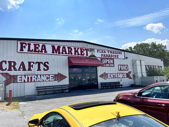 The entrance to paradise isn't pearly gates&mdash;it's this metal building with arrows pointing you toward antiques, crafts, and the promise of finding something you didn't know you needed.