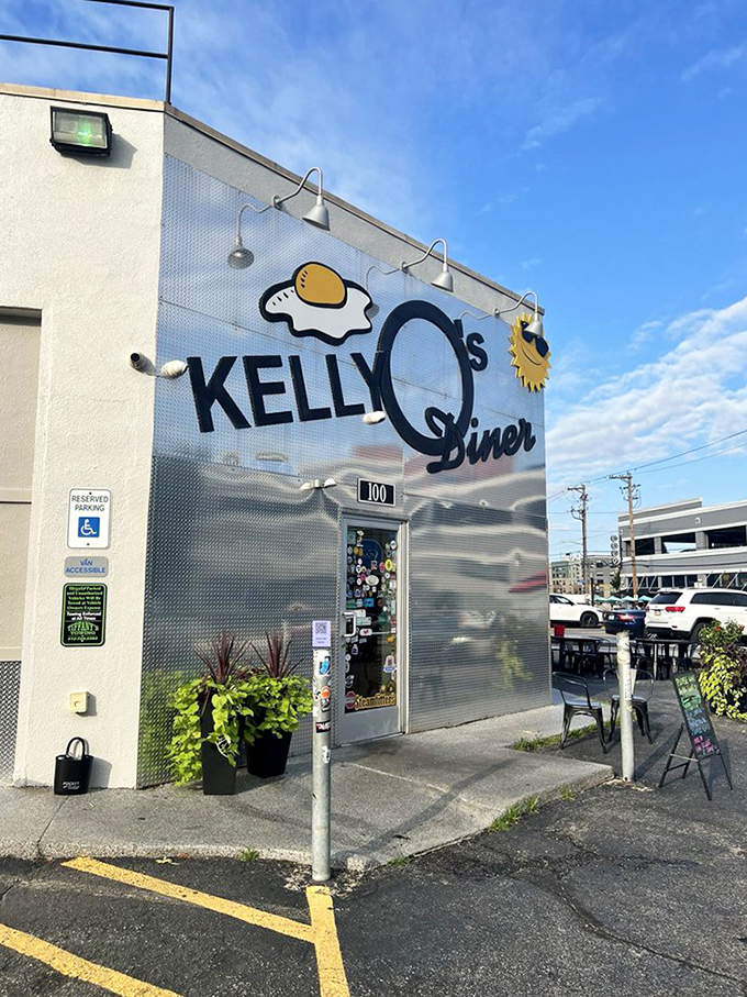 The entrance to breakfast paradise, where that iconic egg logo promises delicious things to those smart enough to walk through the door.