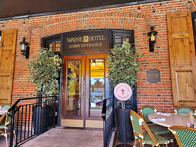 The Wayne Hotel entrance: where Main Line charm meets Italian hospitality before you even reach Rosalie's dining room.