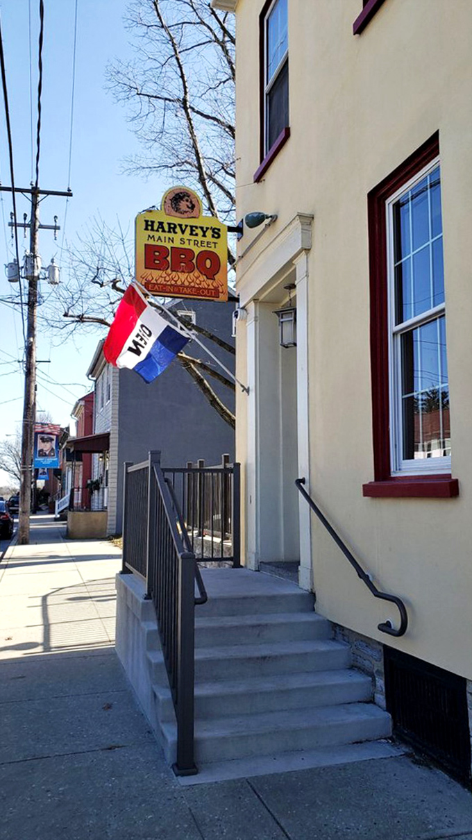 The entrance to Harvey's &ndash; those steps lead to a barbecue promised land that's worth every calorie you're about to consume.