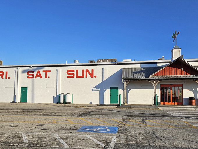 The iconic exterior announces weekend shopping hours with no-nonsense simplicity &ndash; Friday, Saturday, Sunday are the magic days.