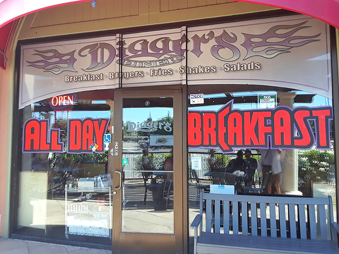 "ALL DAY BREAKFAST" might be the three most beautiful words in the English language. The neon "OPEN" sign is just the cherry on top.