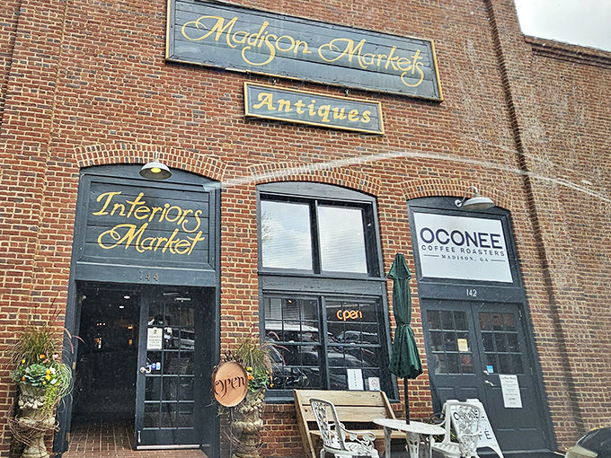 The historic brick fa&ccedil;ade of Madison Markets welcomes treasure hunters with elegant signage and a glimpse of the wonders waiting inside.